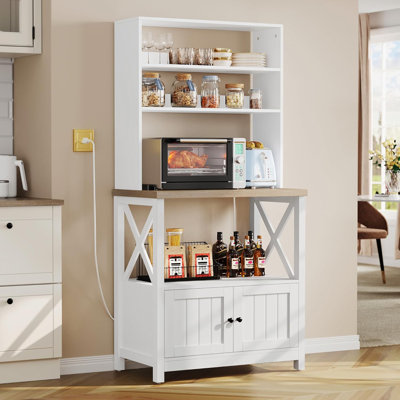 White Cabinet Farmhouse Small Kitchen Pantry Hutch Tall with Door Power Outlet Thickened Counter Gracie Oaks